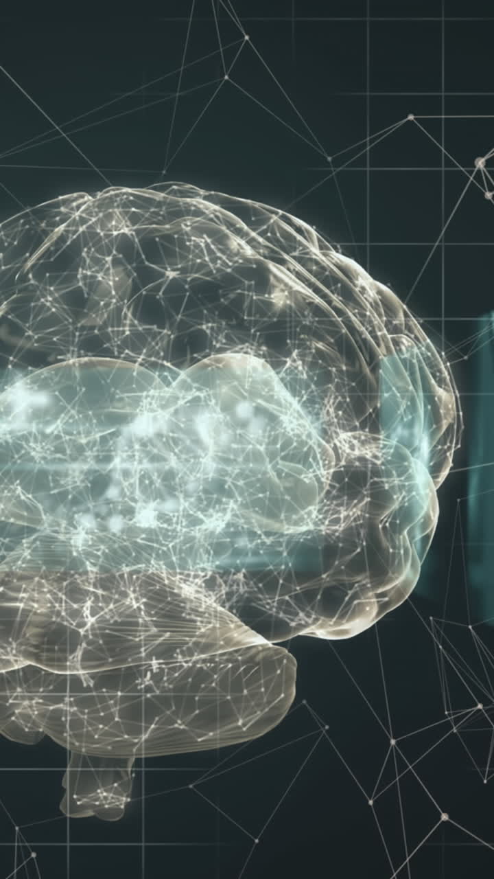 animation of digital brain and data processing on black background ...