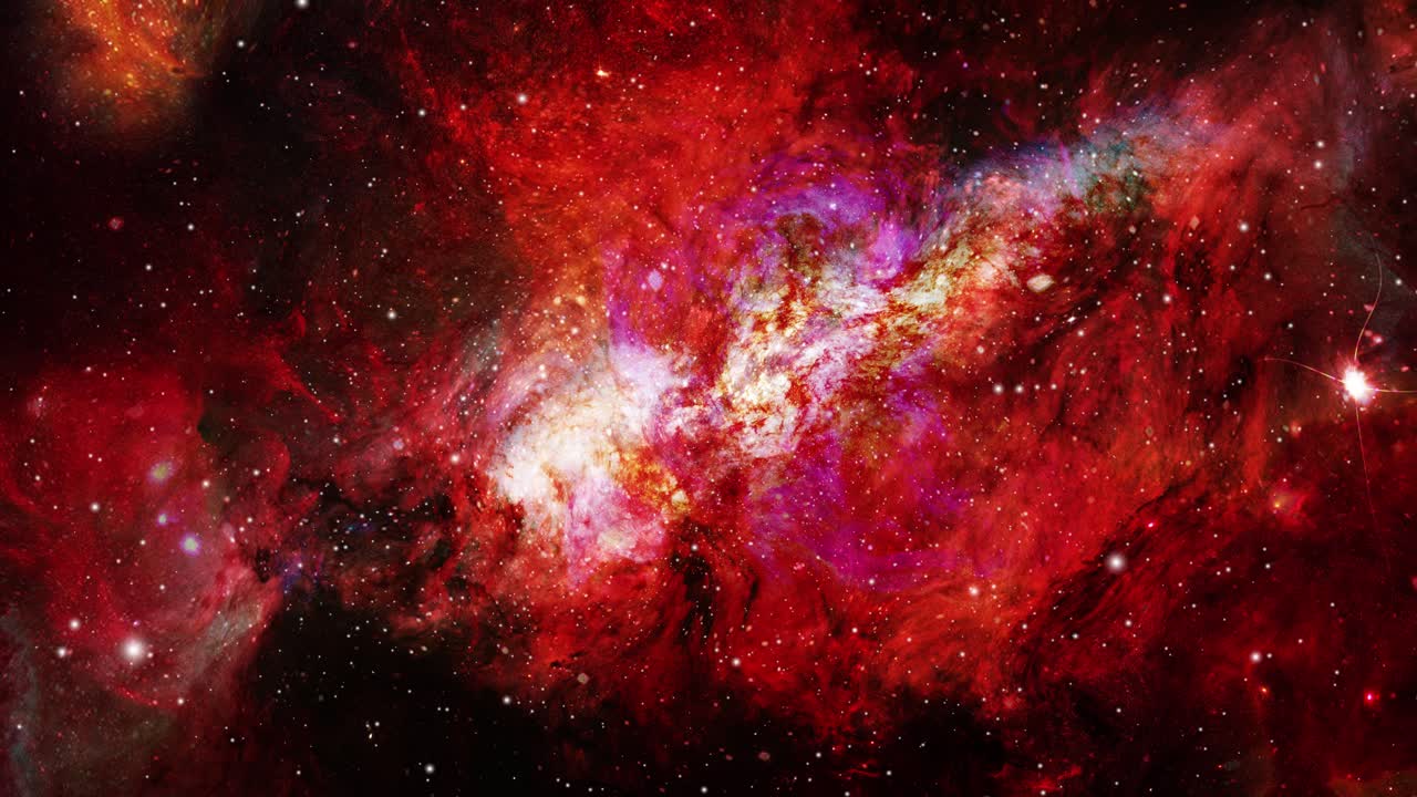 Premium stock video - Fiery red nebula clouds and stars around them in the dark universe