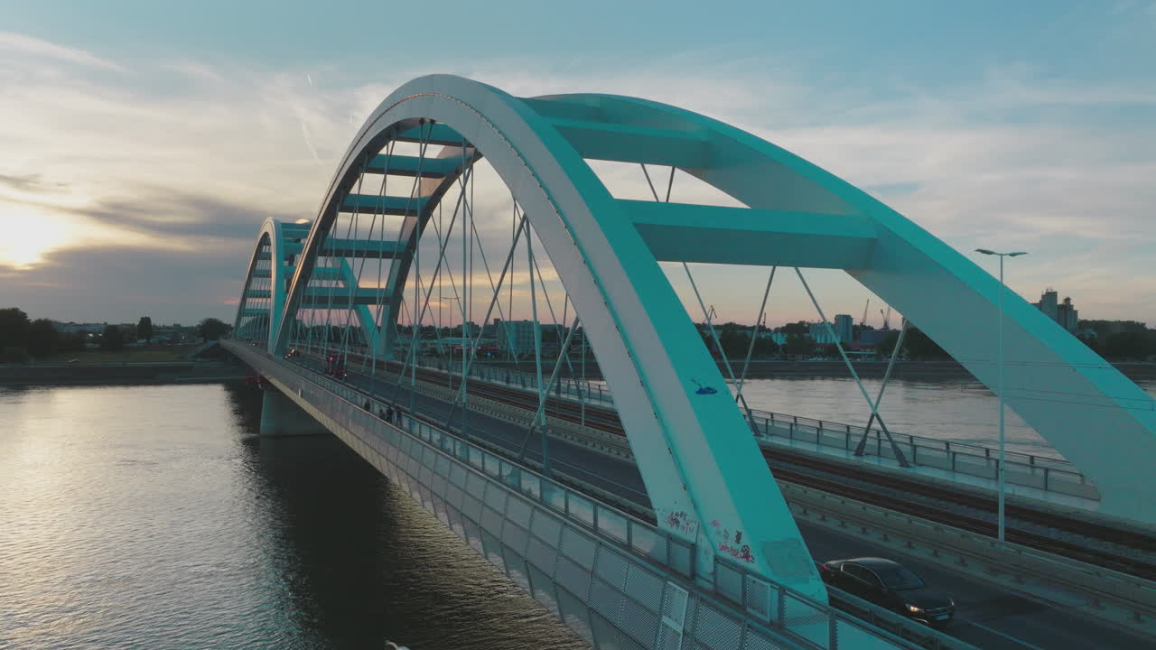 Modern Arch Bridge at Sunset | Premium Stock Video Footage