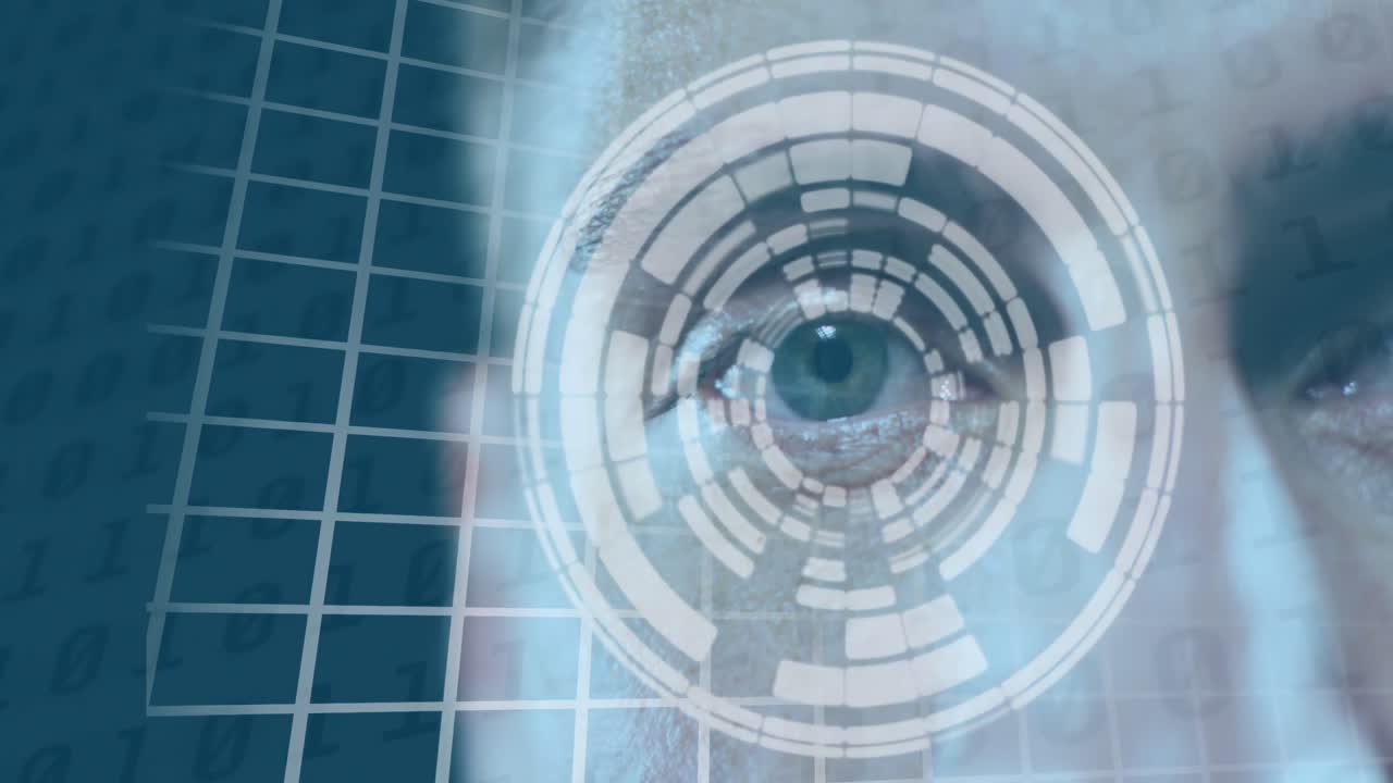 Animation of binary coding and scope scanning over caucasian man ...