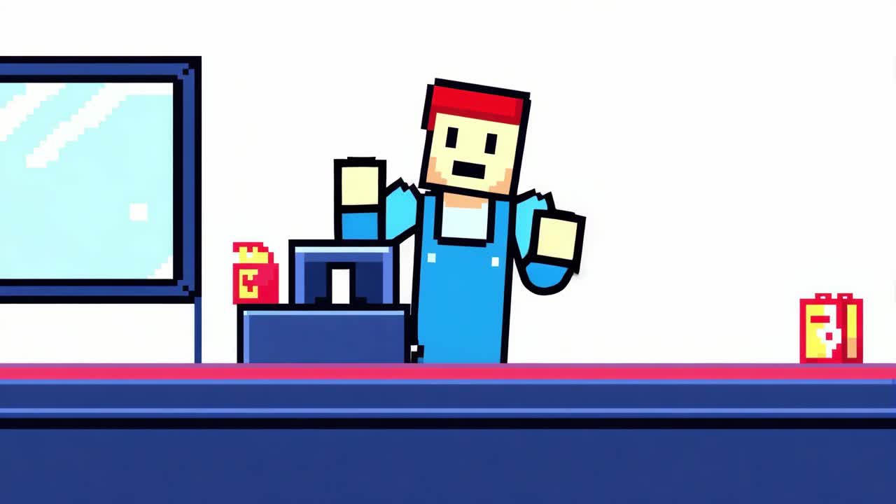Animated character in blue overalls stands behind counter, engaging ...