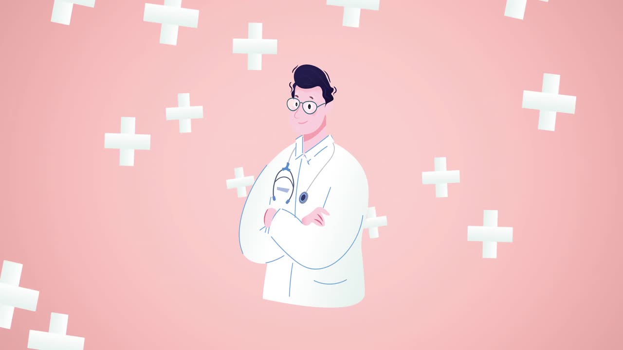 Premium stock video - Animation of doctor and cross icons on red background